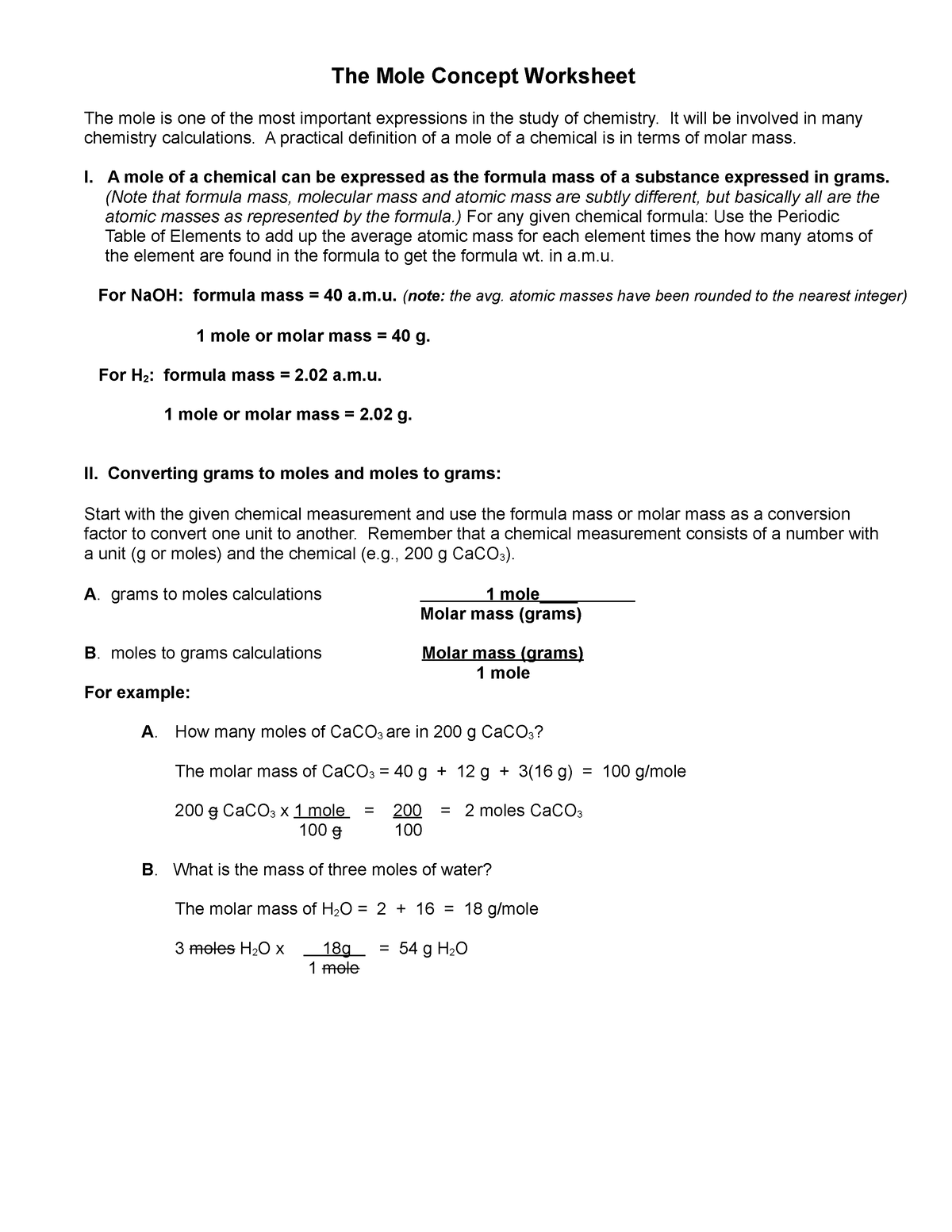 Worksheet On Calculating Moles And Masses For Igcse Pdf Worksheets
