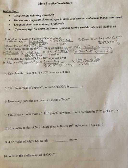 Mole Calculations Worksheets with Answers | Central Tutors - Worksheets Library