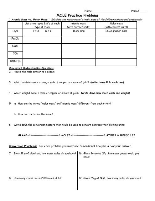 Mole Worksheet - Worksheets Library