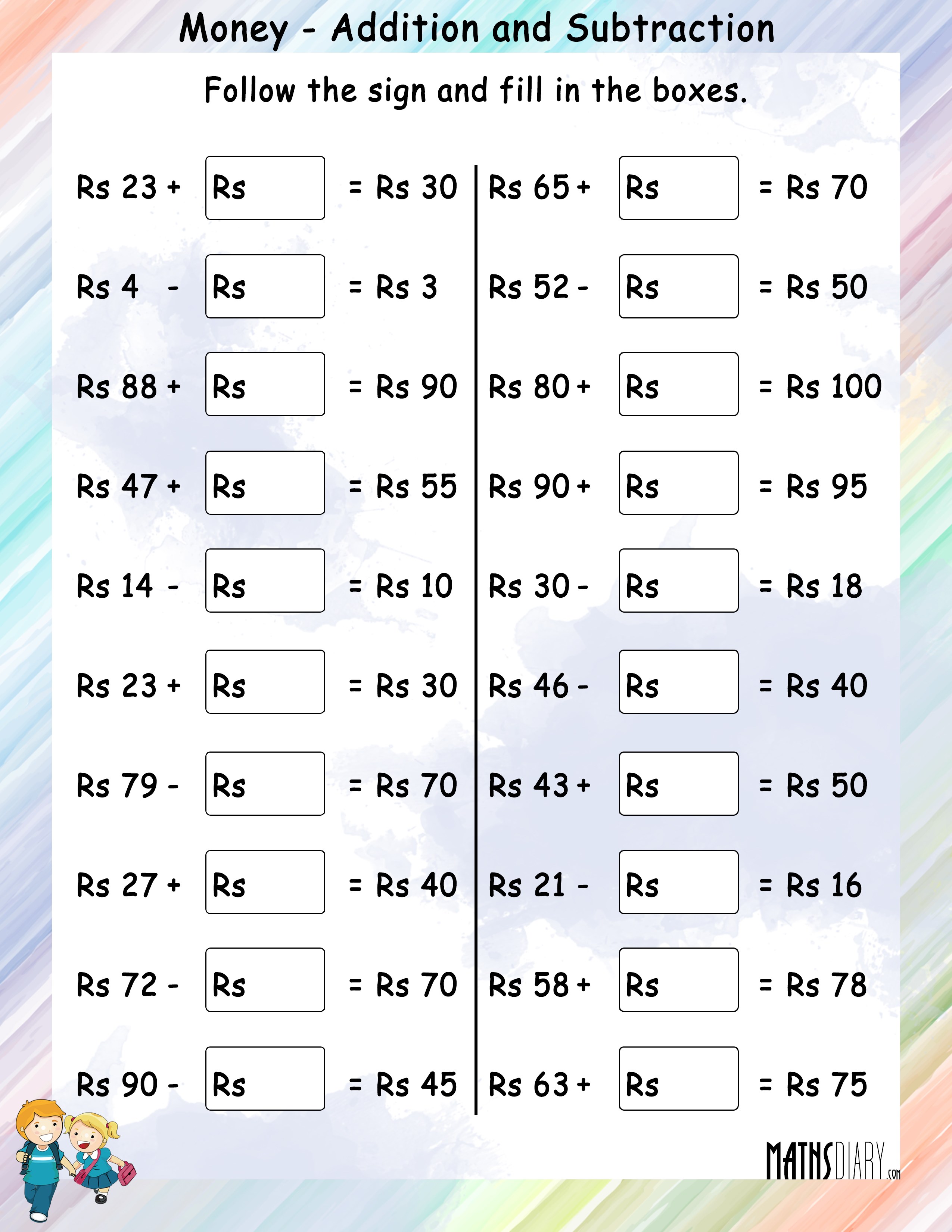Money Addition And Subtraction 4 Digits With Decimals Worksheet