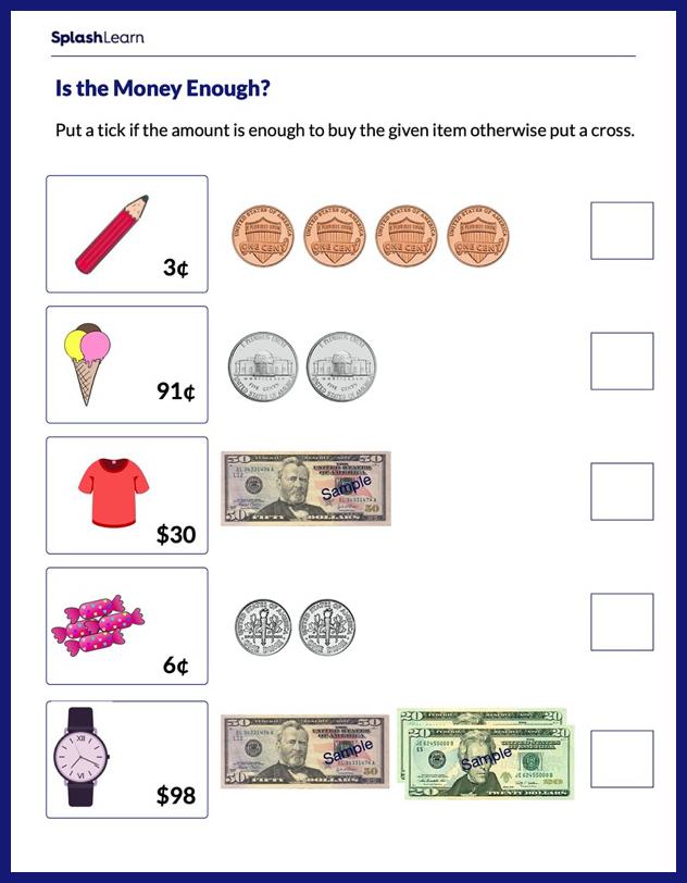 Compare Amounts of Money - Math Worksheets - SplashLearn - Worksheets ...