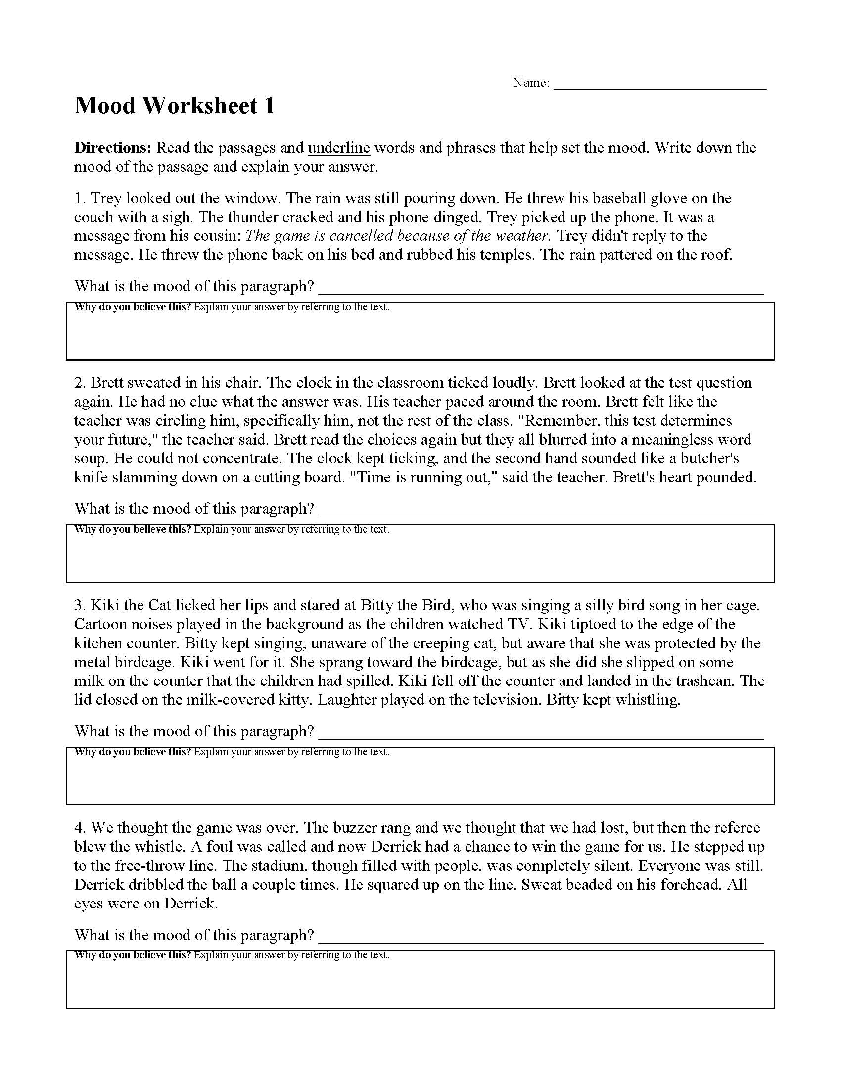 Mood Worksheets | Reading Comprehension Activities - Worksheets Library