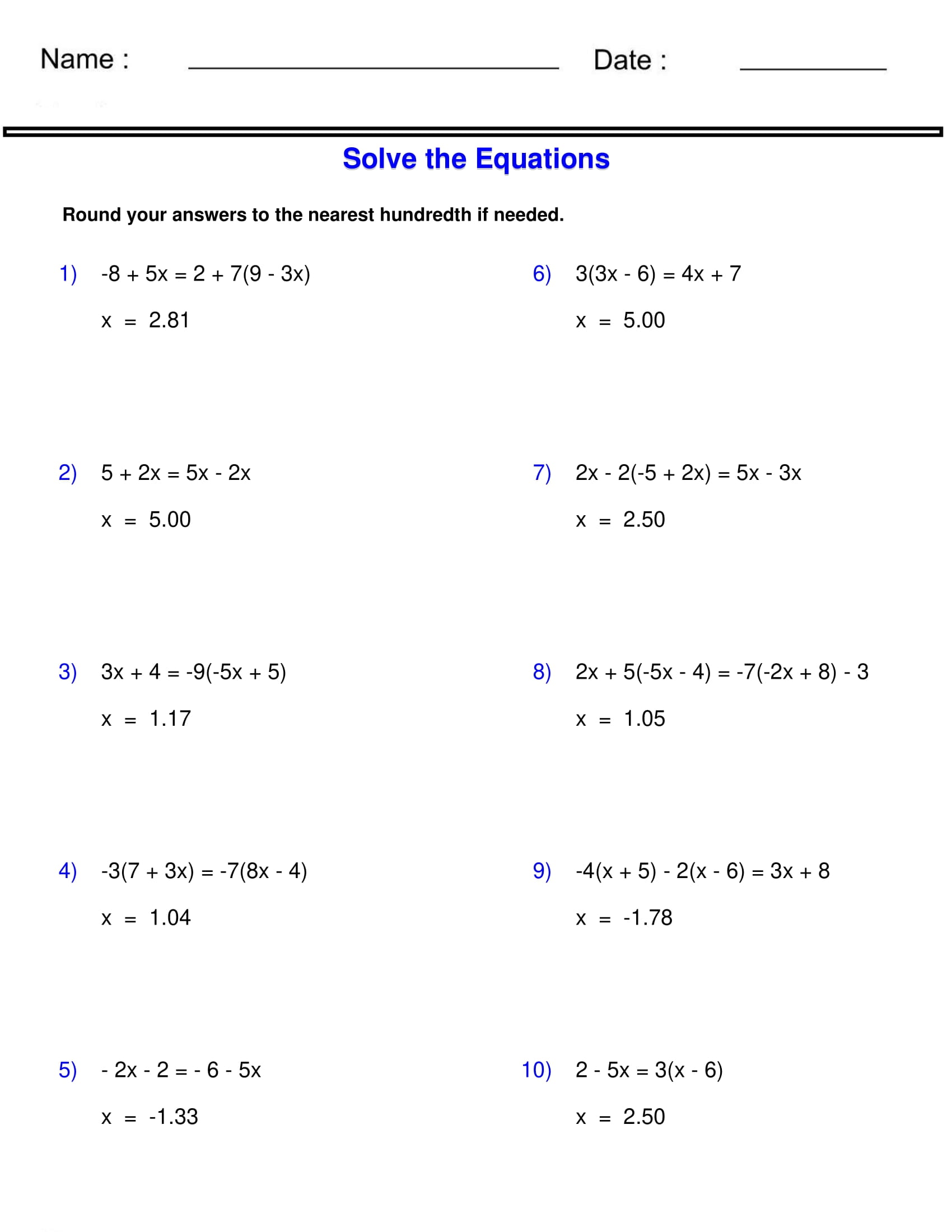 Variable On Both Sides Solving Equations With Like Terms Worksheets Library