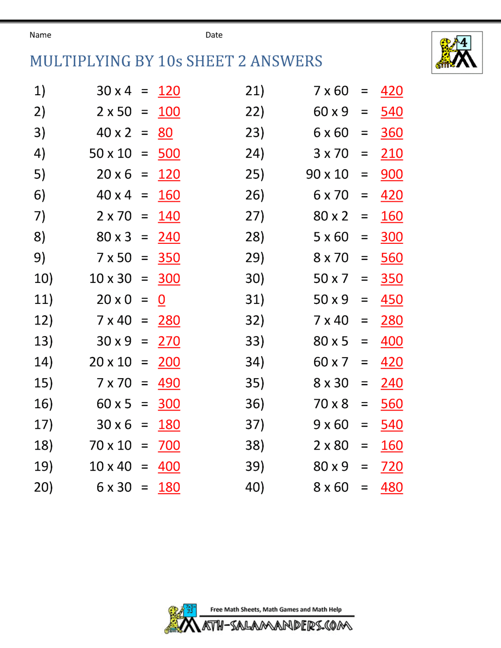 Multiplying by Multiples of 10 - Worksheets Library