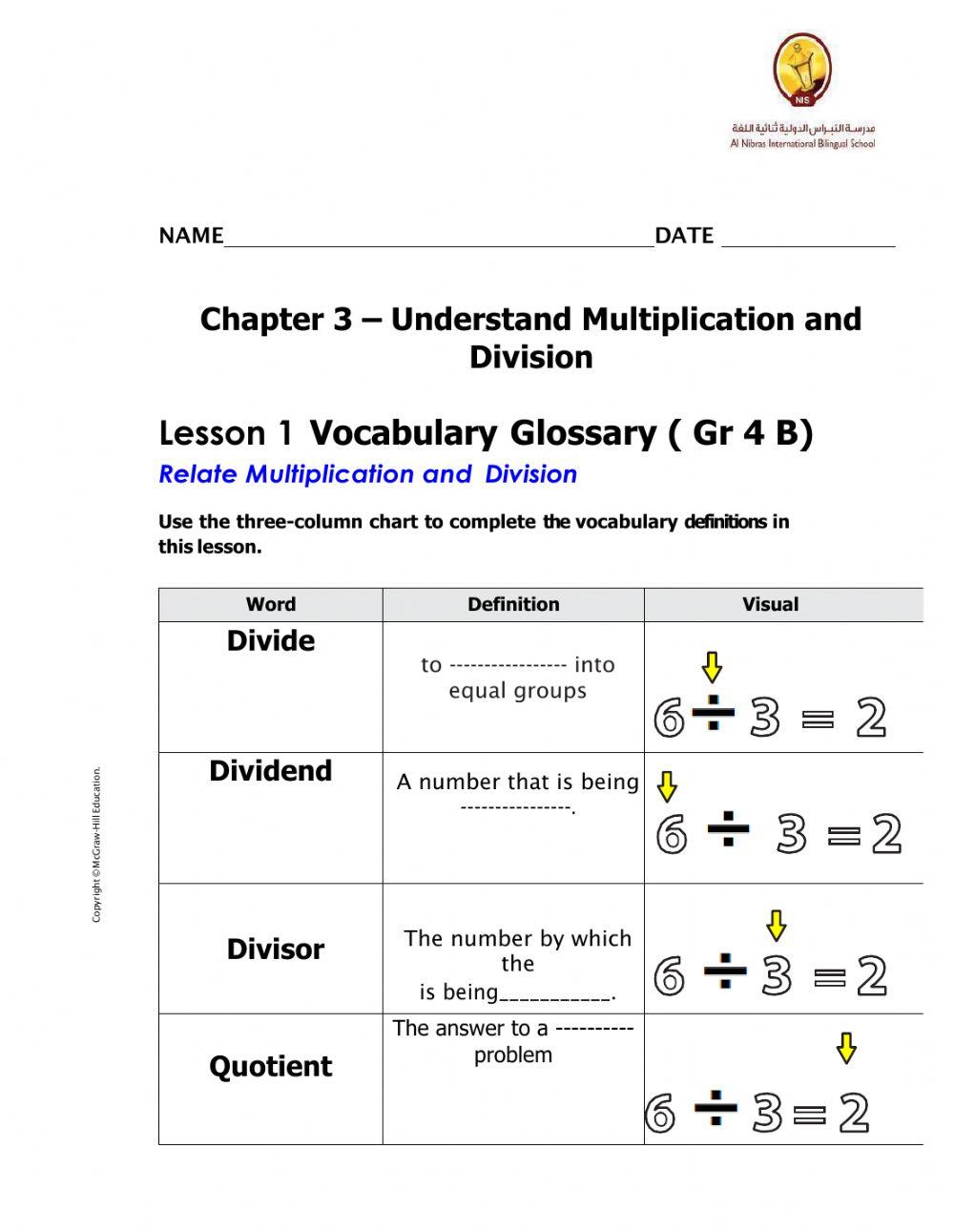 Vocabulary Cards: Multiplication and Division Fact Families ...