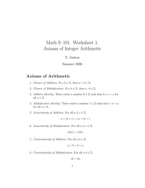 Math S101 Worksheet 1 Axioms Of Integer Arithmetic Worksheets Library