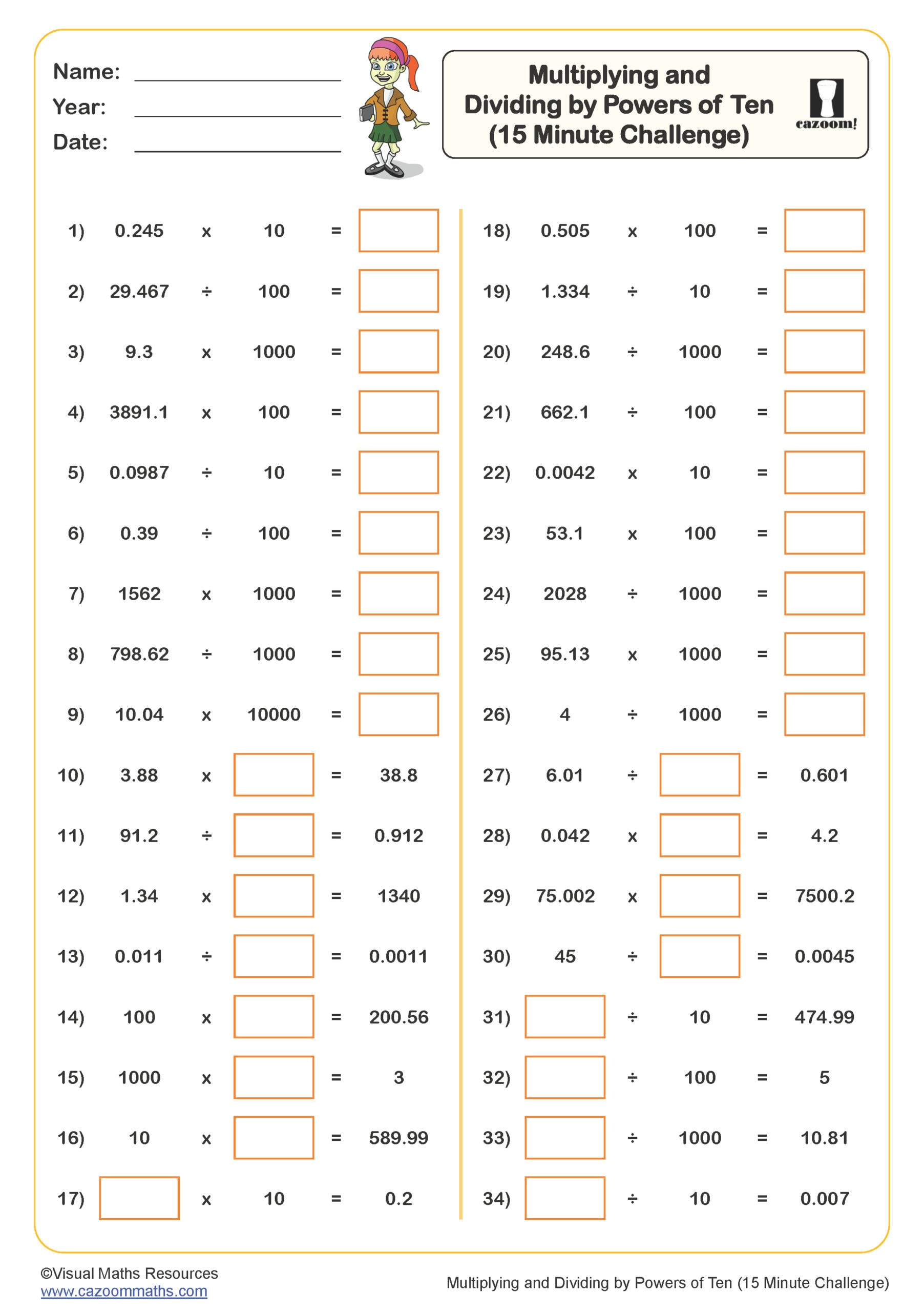 Multiplying And Dividing Decimals By Powers Of 10 Worksheet Live