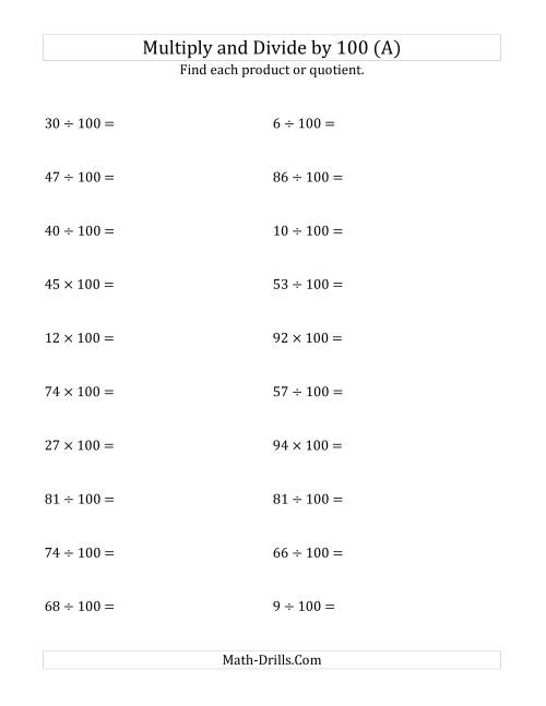Multiply & Divide Variables within 100 Worksheet Download - Worksheets ...