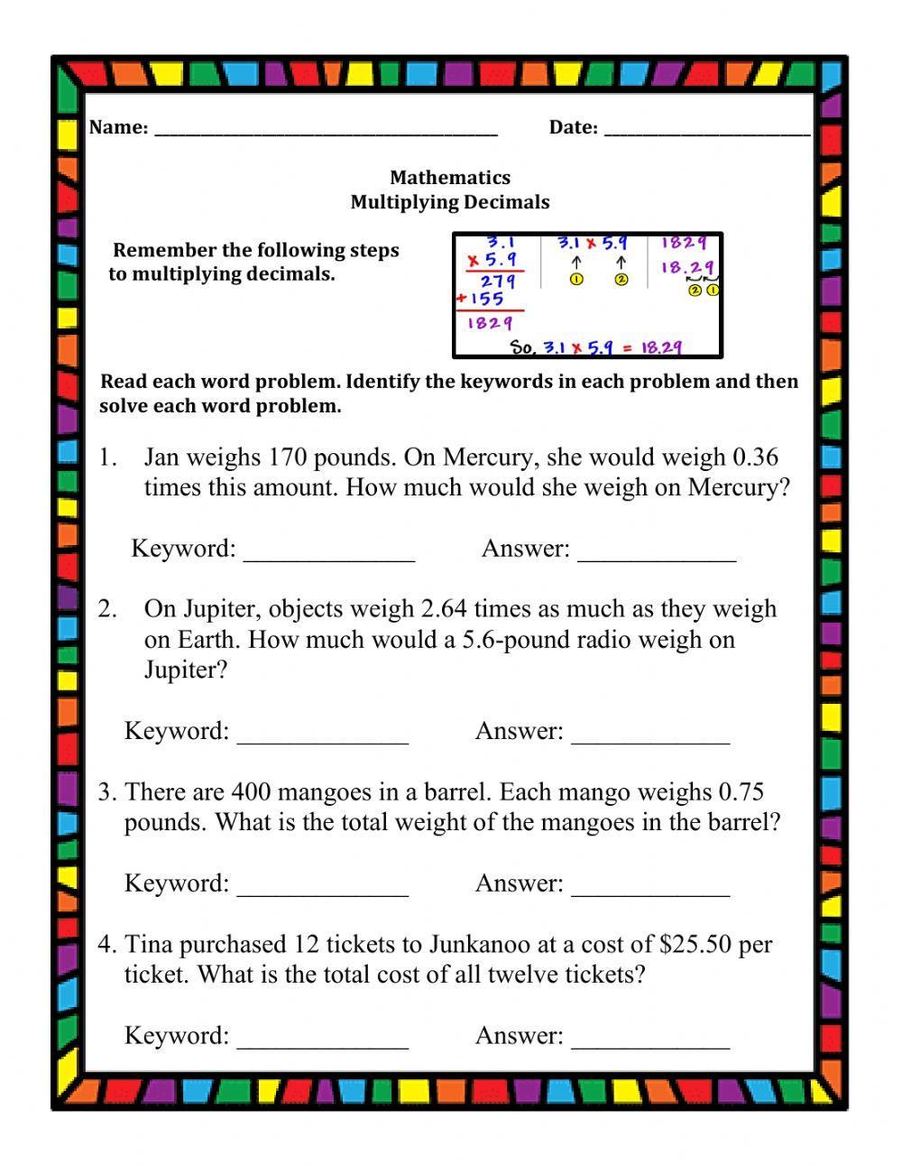 Multiplying Decimals Word Problems worksheet | Live Worksheets ...