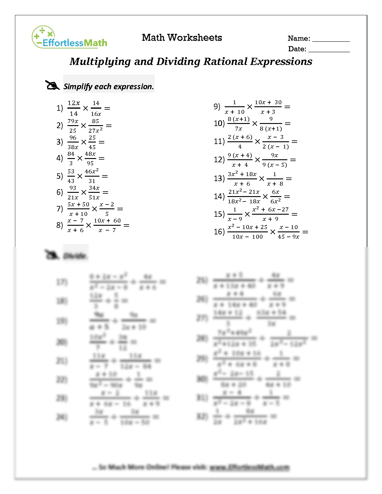 Solution Multiplying And Dividing Rational Expressions Worksheet