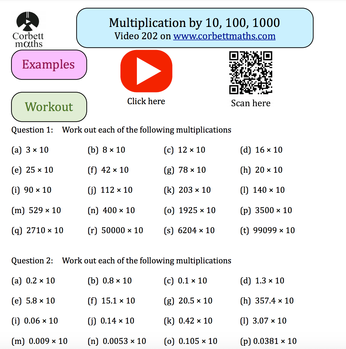 Multiplying by 10 100 1000 Textbook Exercise – Corbettmaths ...