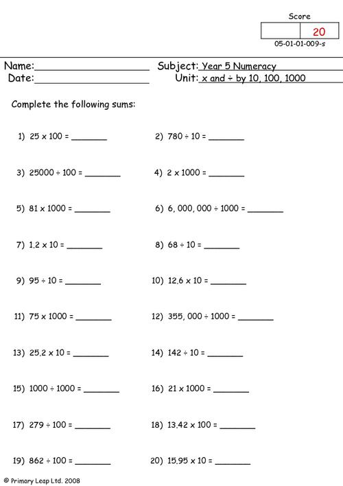 Numeracy: Multiplication and division by 10, 100 and 1000 ...