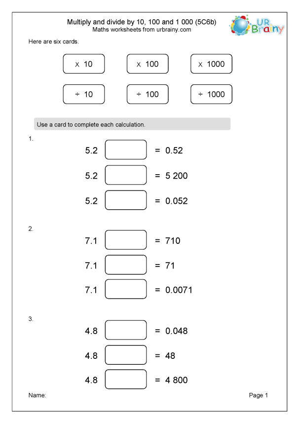 Multiply and divide numbers by 10, 100 and 1000 giving answers up ...
