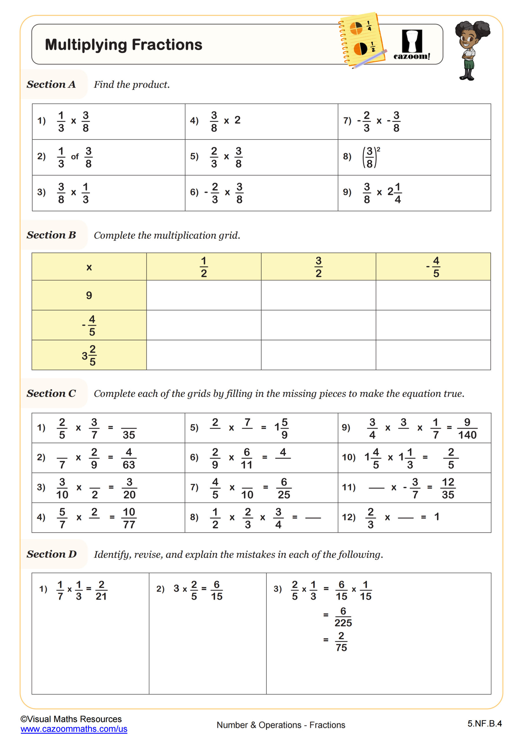 Multiplying Fractions by Fractions Worksheet | PDF Printable ...