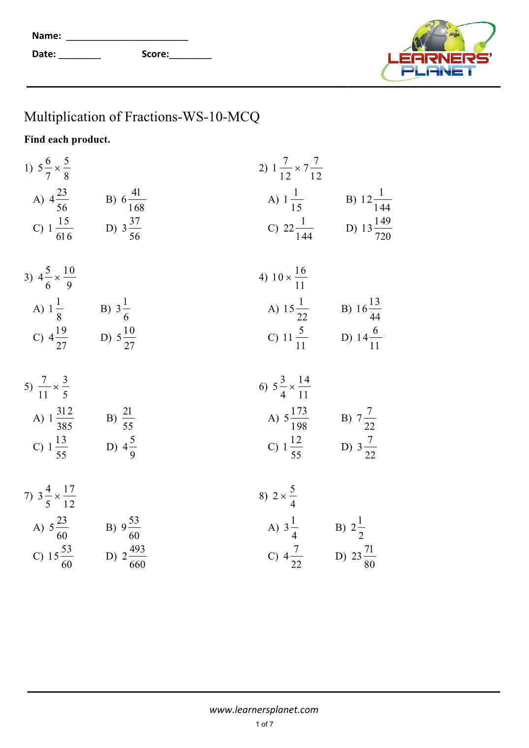 Seventh Grade Multiplying and Dividing Fractions Activity - Worksheets Library