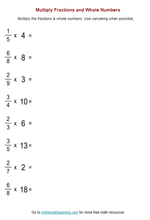 Multiply Fractions And Whole Numbers Worksheet Examples Answers