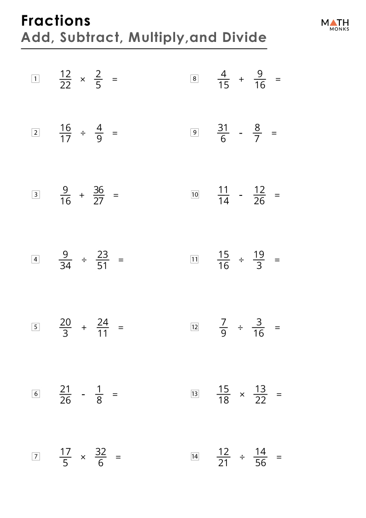 Adding Subtracting Multiplying and Dividing Fractions Worksheets ...