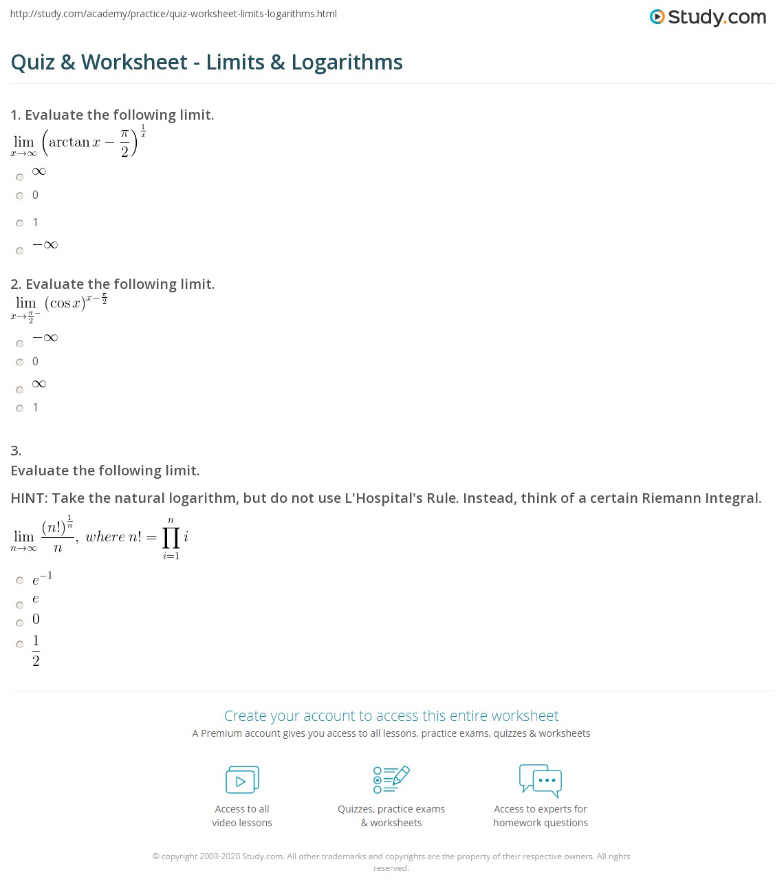 Quiz And Worksheet Limits And Logarithms Worksheets Library