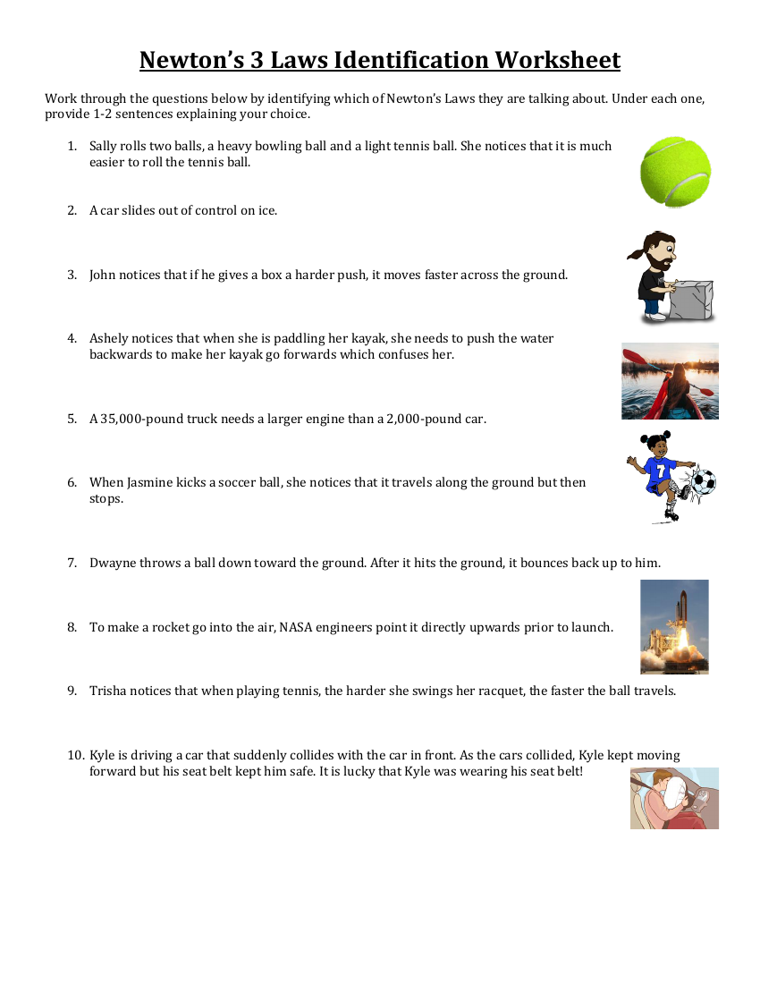 Newtons 3 Laws - Identification Worksheet | Science 10th Grade ...