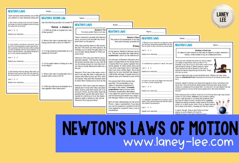 Newtons Laws of Motion Worksheet with Answer Key - Laney Lee ...