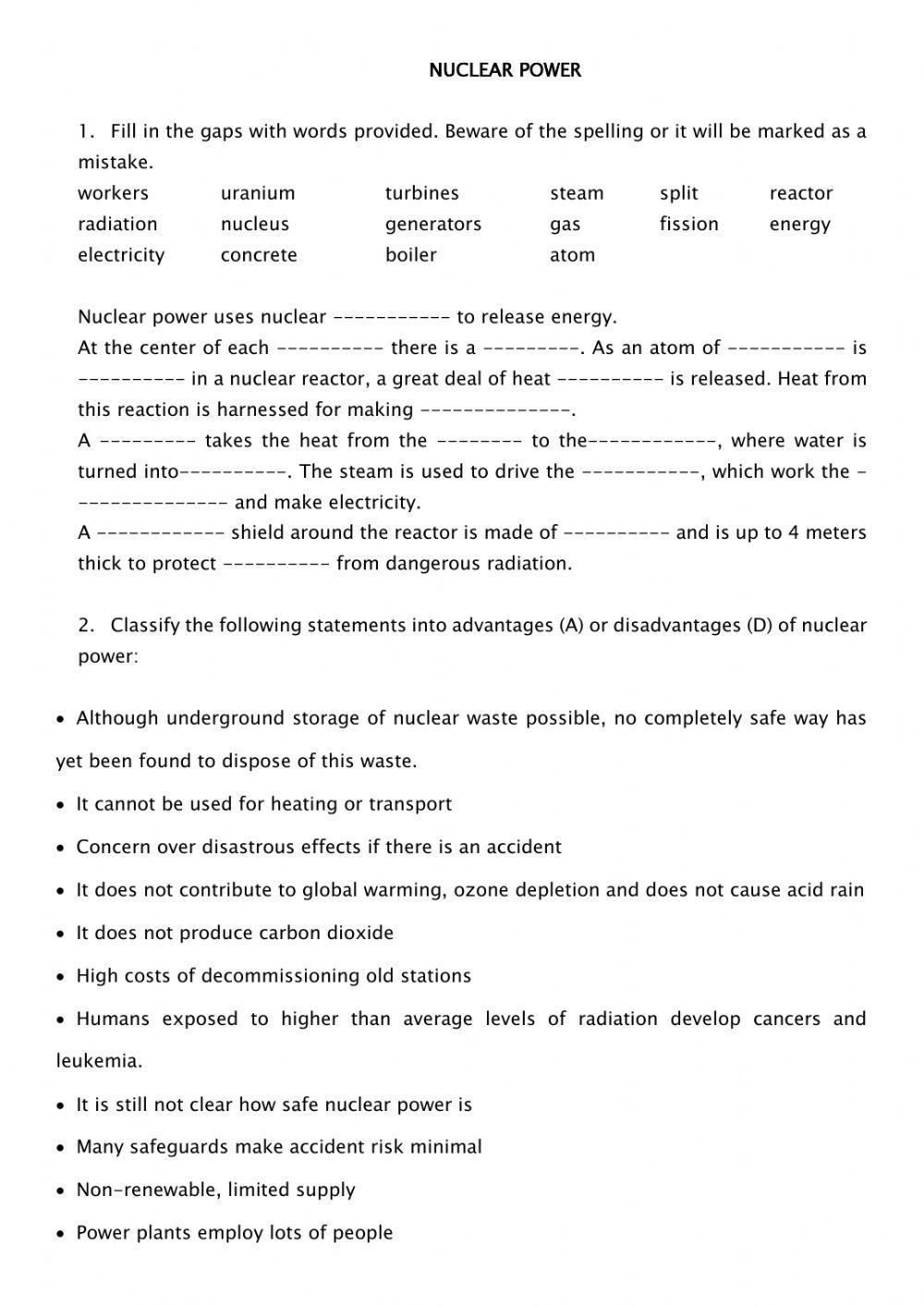 Nuclear power worksheet | Live Worksheets - Worksheets Library