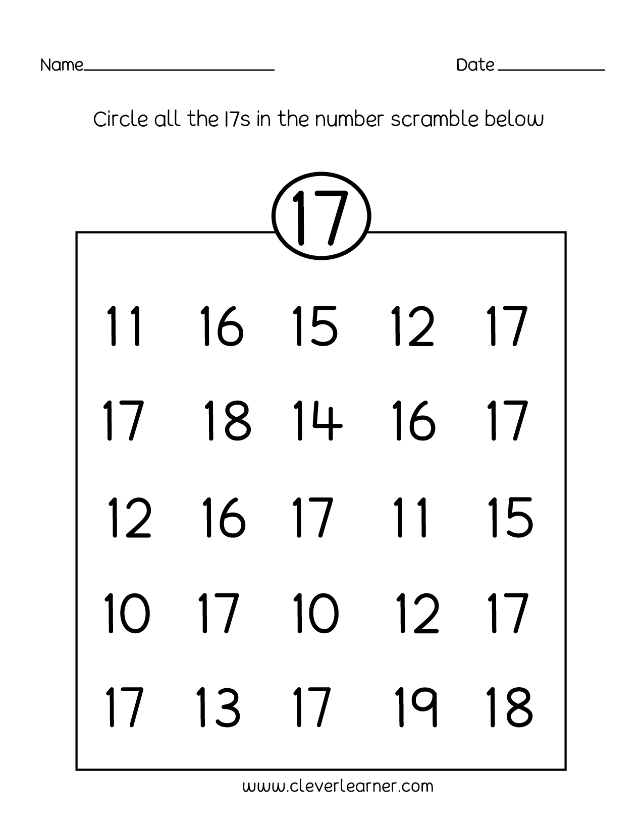 Number 17 writing, counting and identification printable ...