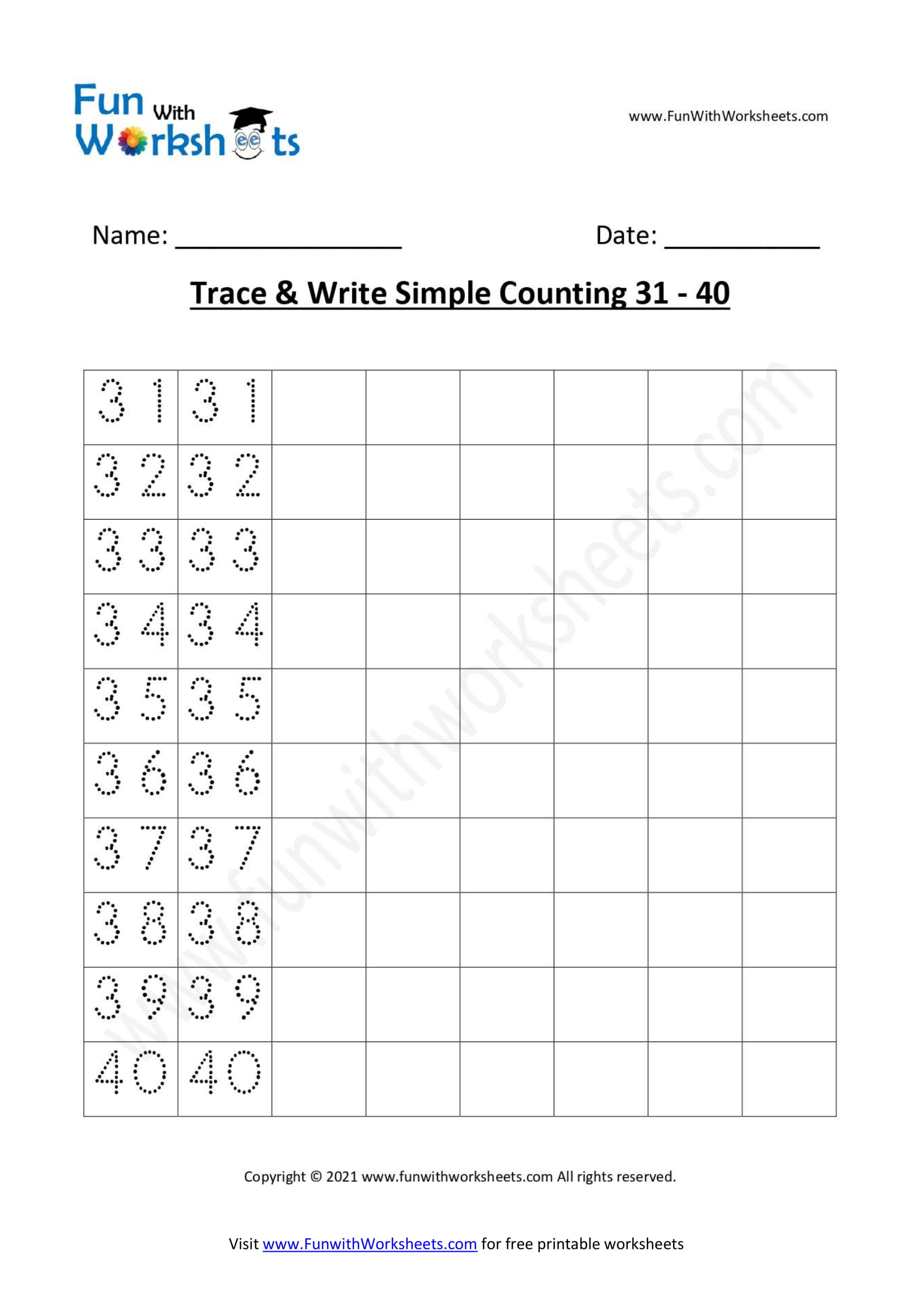 Trace and Learn Simple counting 31-40 - funwithworksheets.com - Worksheets Library
