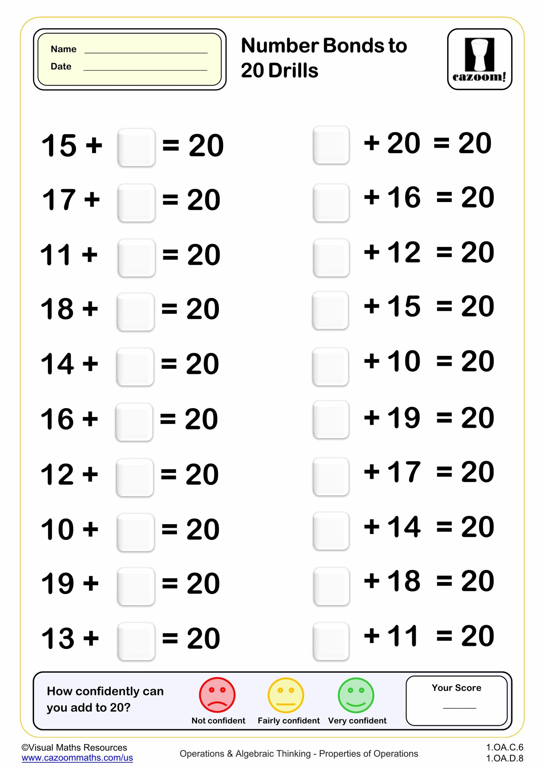 Number Bonds To 20 Drills 20 Questions PDF Printable Addition Number Bonds To 20 Drills 20 Questions PDF Printable Addition