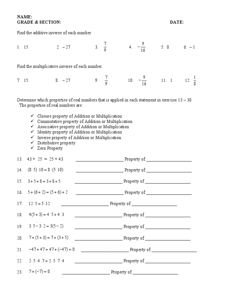 1 Properties Of Real Numbers Worksheet PDF Multiplication