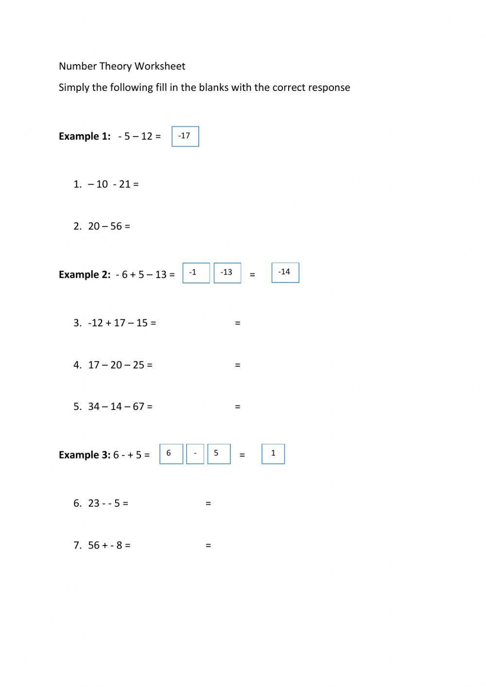 Number Theory Worksheets