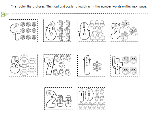 Winter Themed Number Words Cut and Paste Worksheets (1-10) - Worksheets ...