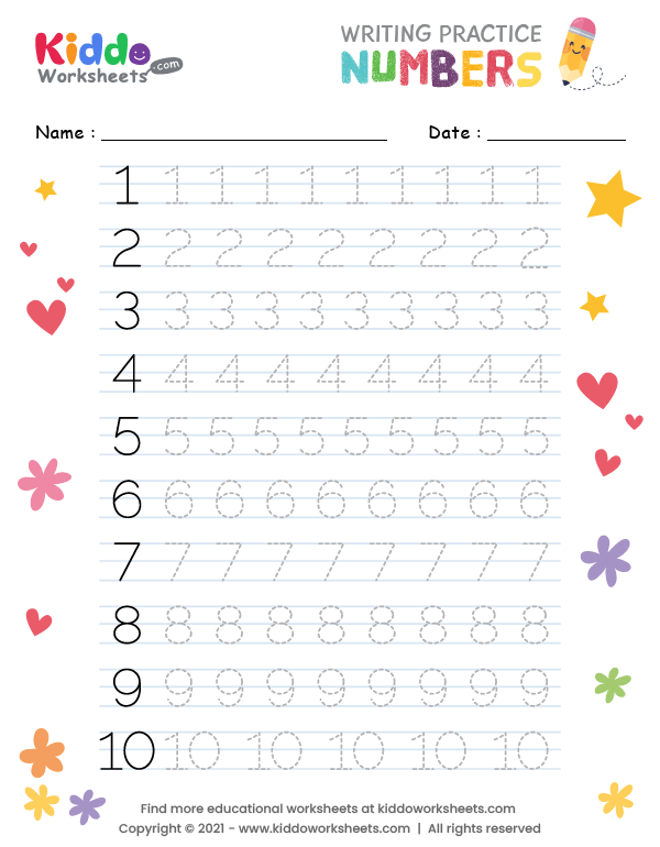 Free Printable Practice Writing Numbers Worksheet - kiddoworksheets ...