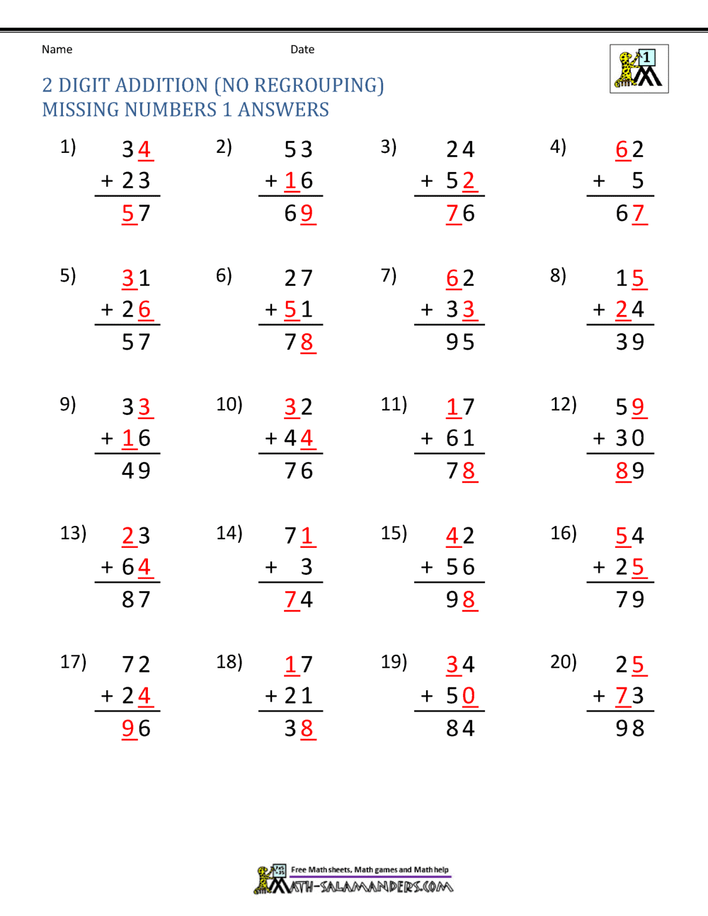 2 Digit Addition Without Regrouping - Worksheets Library