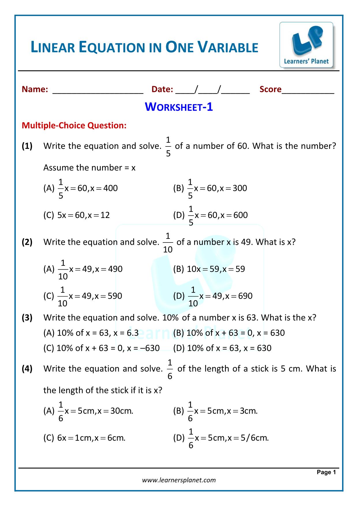 One Step Equation Worksheets - Worksheets Library