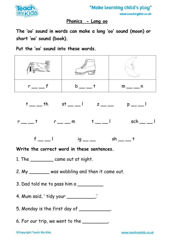 Vowel Digraph oo as in look Activity Sheet - Studyladder ...