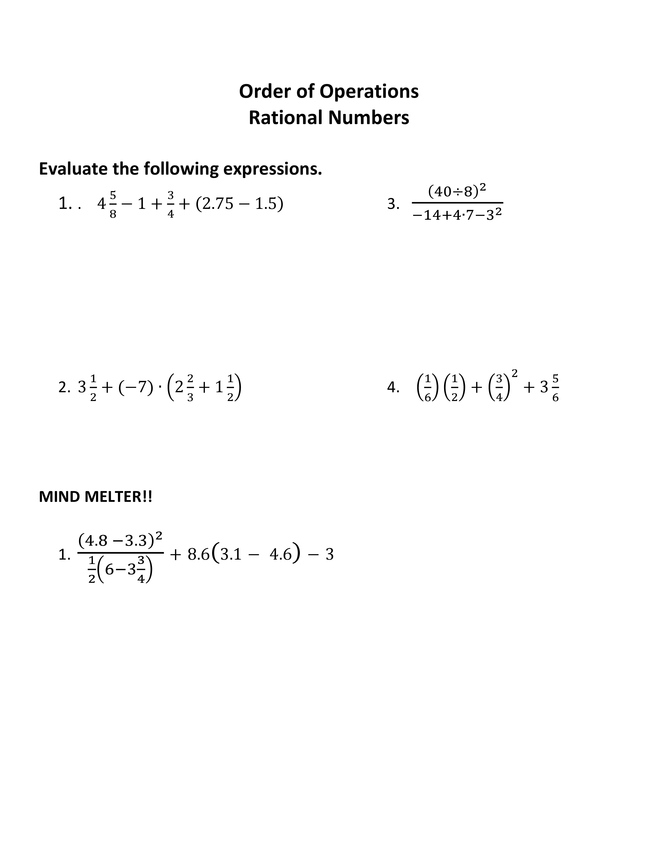 Free Order Of Operations With Rational Numbers Worksheet Download Free