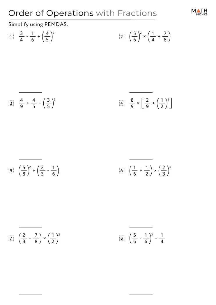 Order of Operations with Fractions Worksheets - Math Monks - Worksheets ...