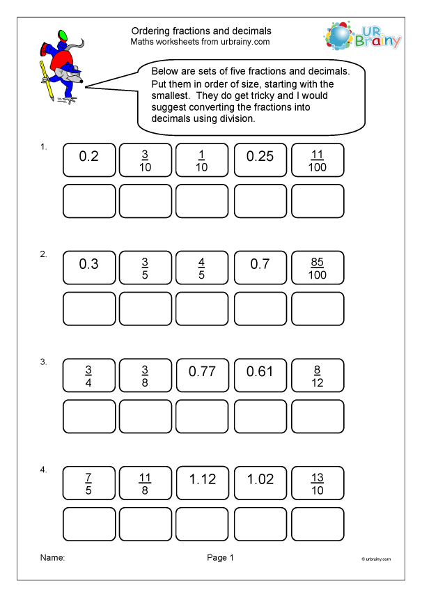 Ordering fractions and decimals - Fraction and Decimal Worksheets ...