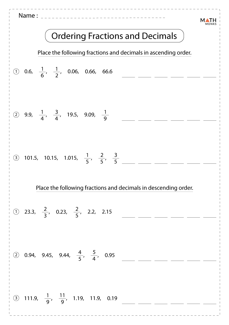 Free Ordering Fractions And Decimals From Least To Greatest Worksheet