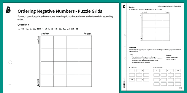? Ordering Negative Numbers - Puzzle Grids | KS3 Maths - Worksheets Library