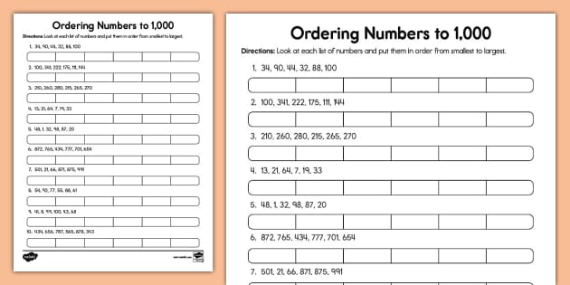 Second Grade Ordering Numbers to 1,000 Activity - Worksheets Library