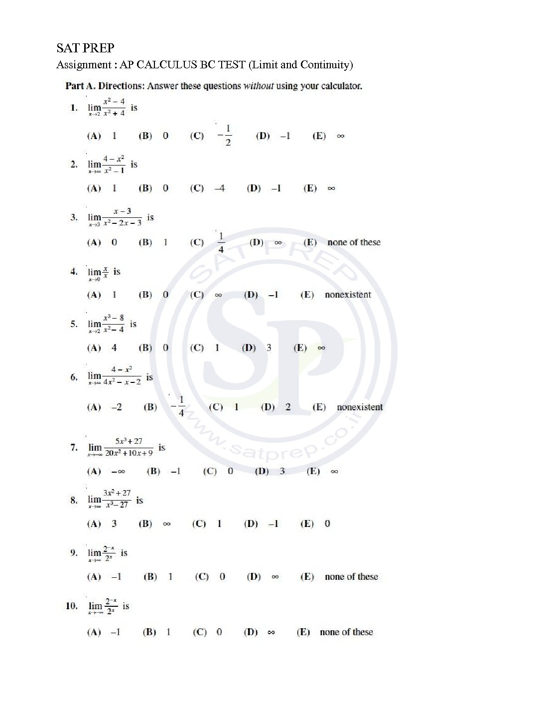 Ap Calculus Bc Limit And Continuity Sat Prep Worksheets Library