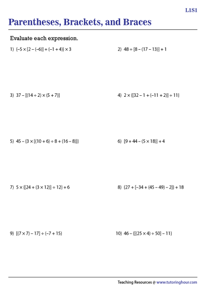 Expressions with Parentheses, Brackets, and Braces Worksheets ...
