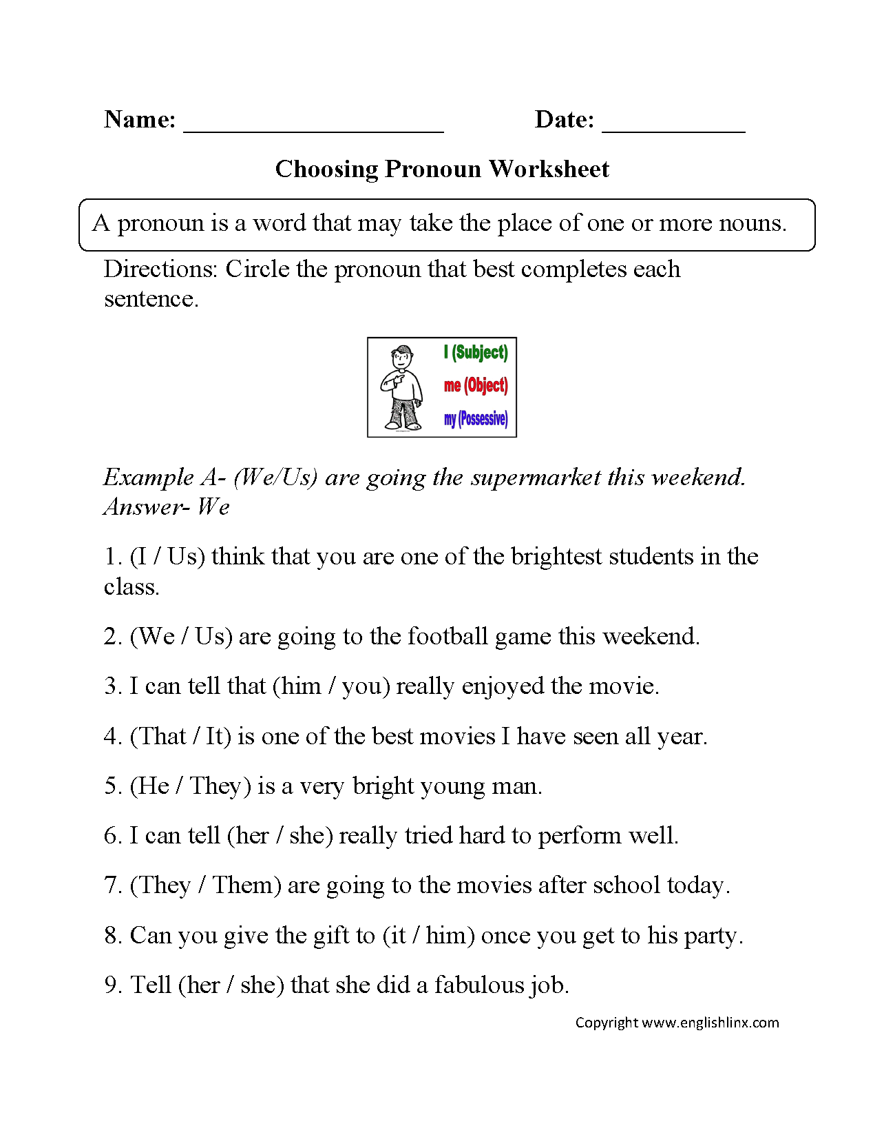 Parts Speech Worksheets | Pronoun Worksheets - Worksheets Library