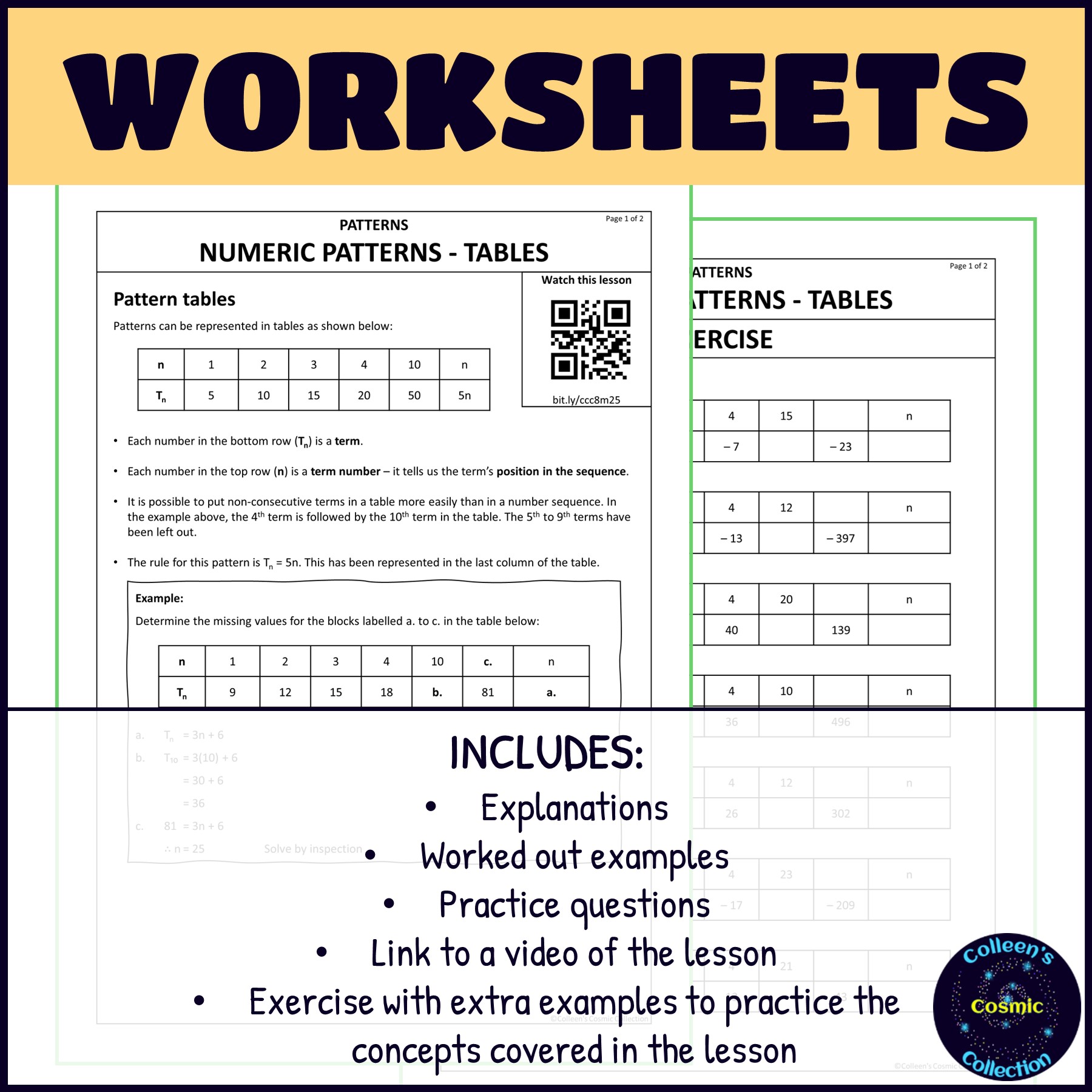 Numeric Patterns With Tables Lesson Worksheets Grade 8 Maths