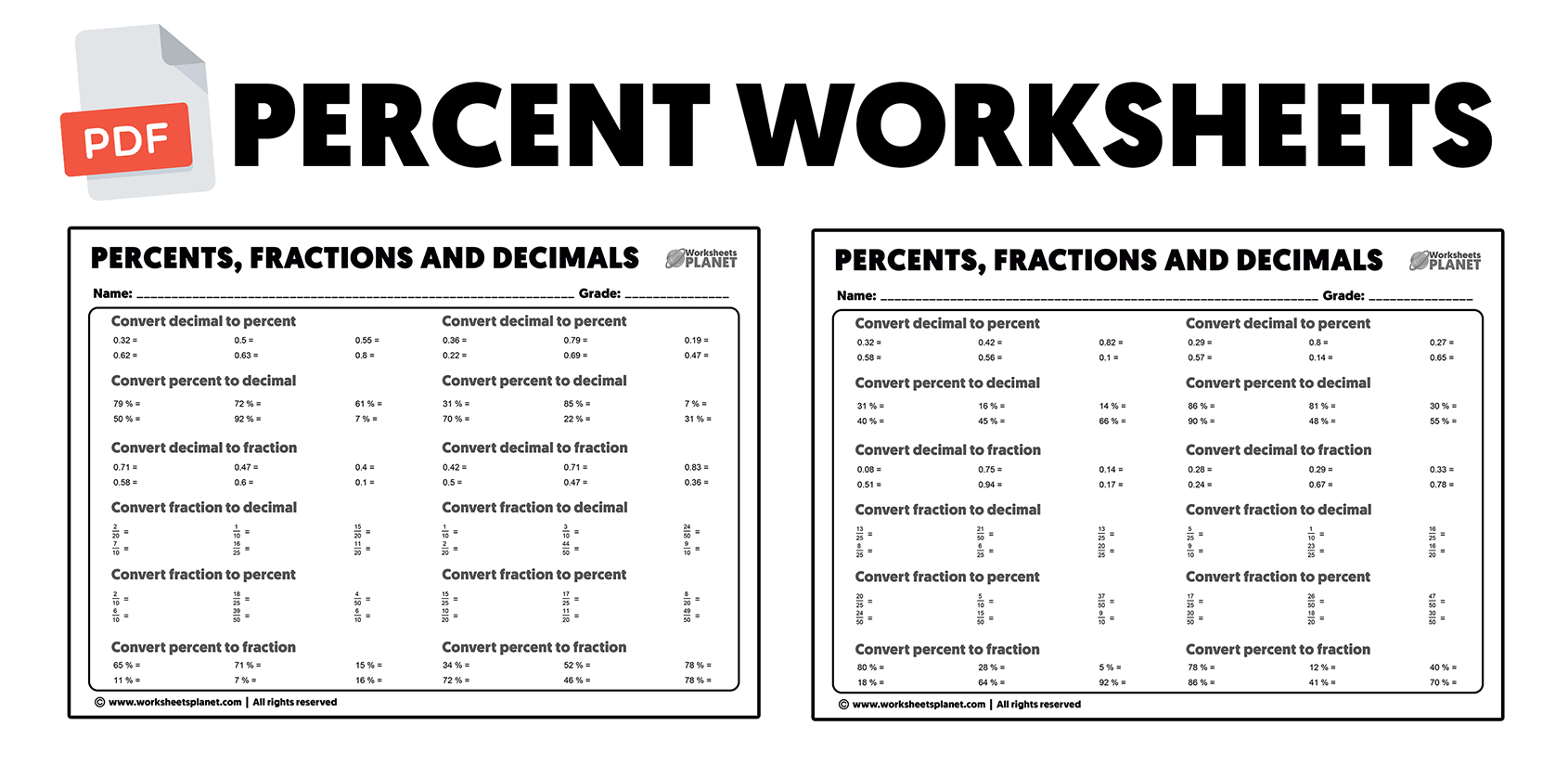 Percents, Fractions and Decimals Worksheets | Math - Worksheets Library