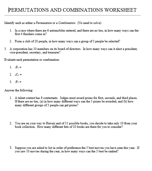 Solved PERMUTATIONS AND COMBINATIONS WORKSHEET Identify each ... - Worksheets Library