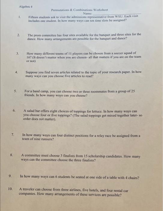 Solved Algebra 4 Permutations And Combinations Worksheet Name Worksheets Library