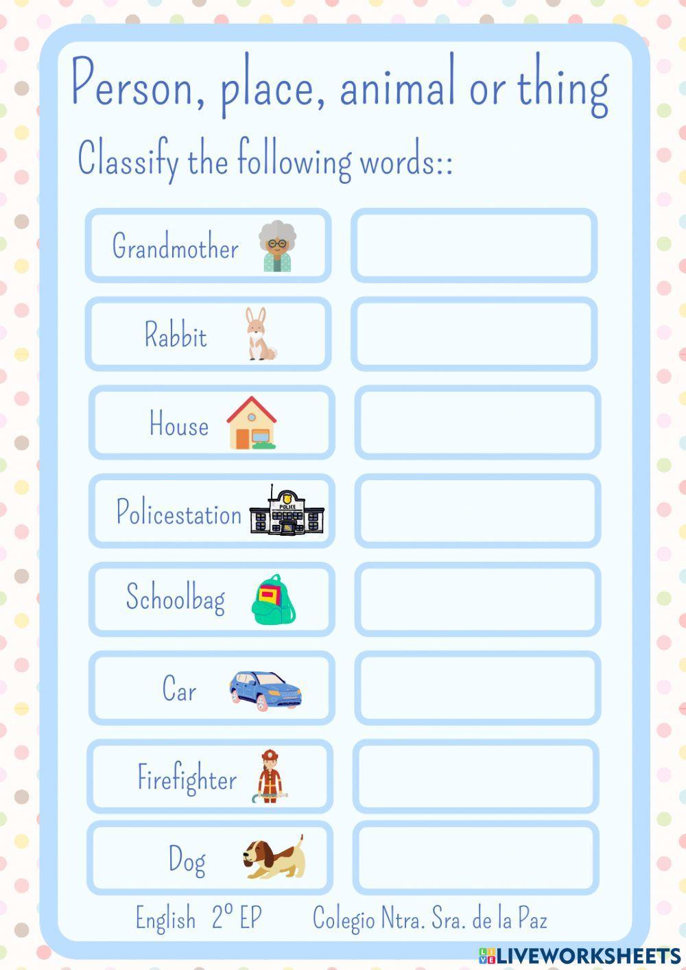 Person Place Animal Thing Worksheet Worksheets Library