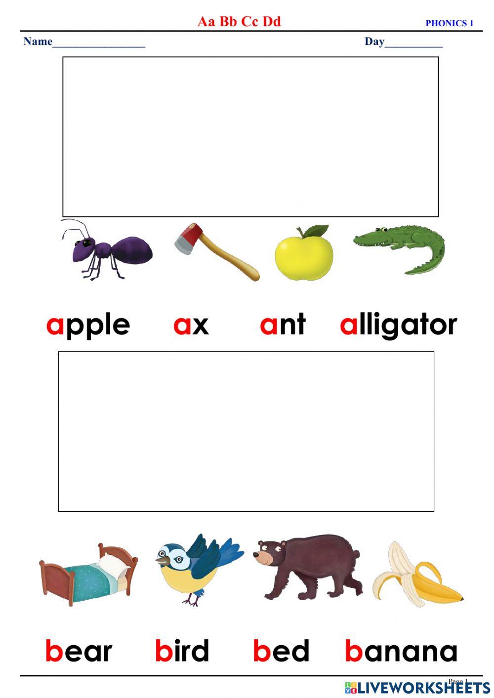 Phonics 1 - letter a, b, c, d - listen & match worksheet | Live ...
